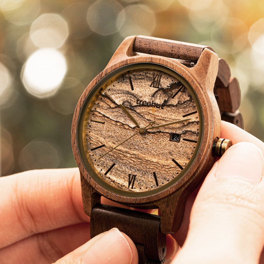 TREEHUT engraved wood watch | Brown Yellow | Mens Watch | Marble Walnut ...